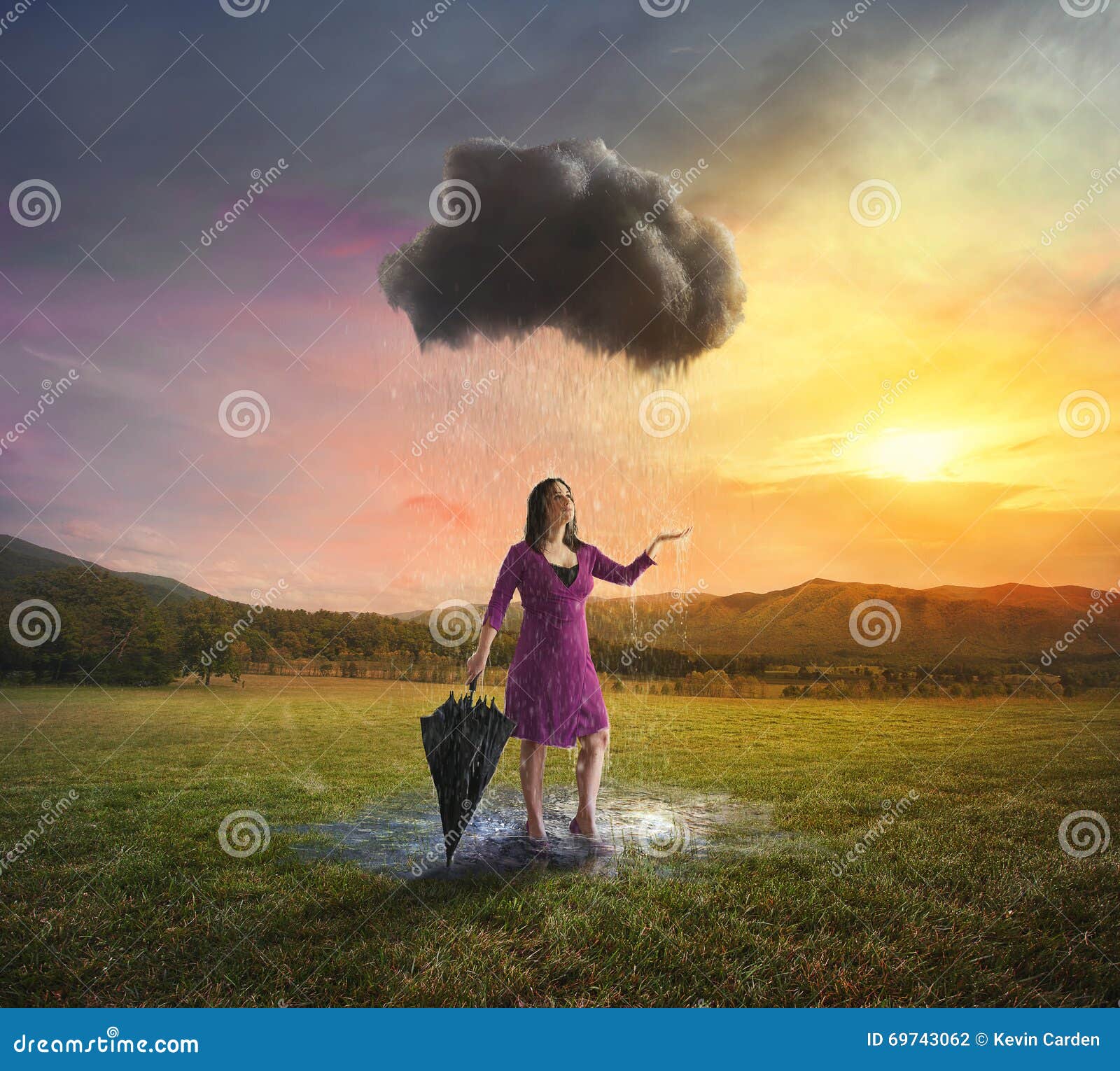 Single Cloud Raining on a Woman Stock Photo - Image of dress, grass ...