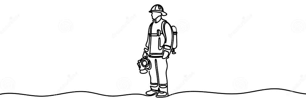 Single Continuous Line Drawing Firefighters with Full Uniform. Dynamic ...
