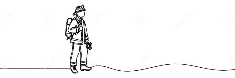 Single Continuous Line Drawing Firefighters with Full Uniform. Dynamic ...