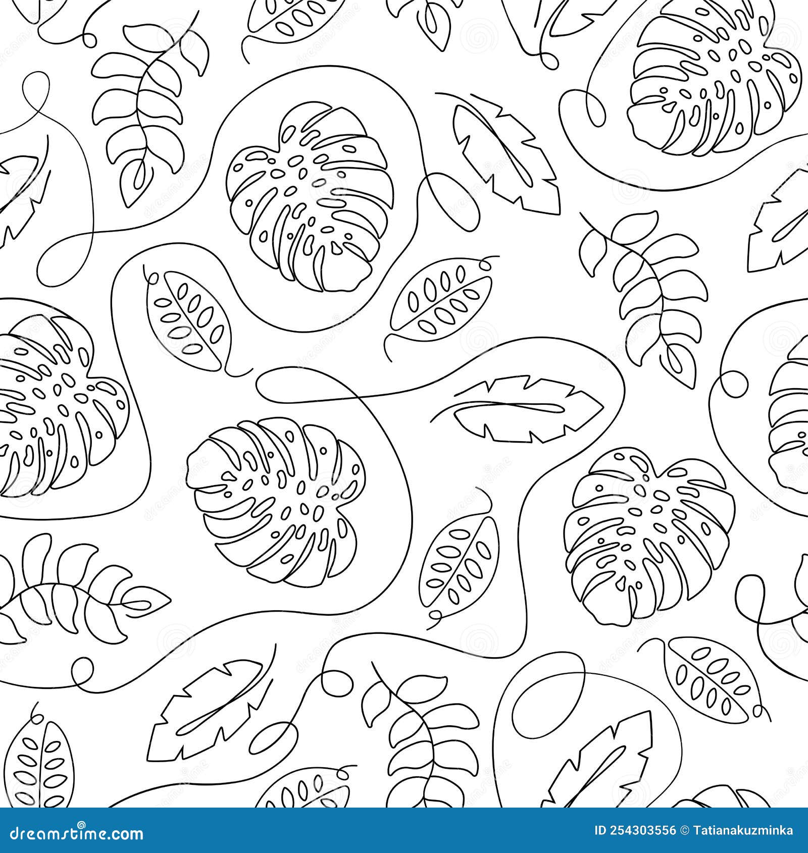 Single Continuous Line Drawing Floral Pattern. Tropical Leaves Seamless ...