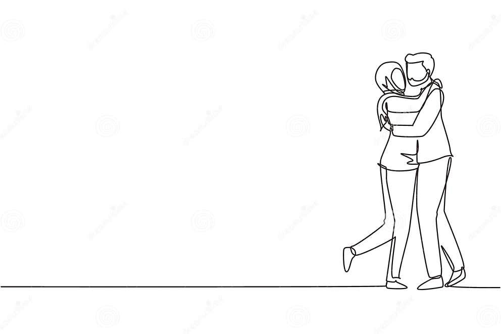 Single Continuous Line Drawing Loving Arab Couple Kissing And Hugging