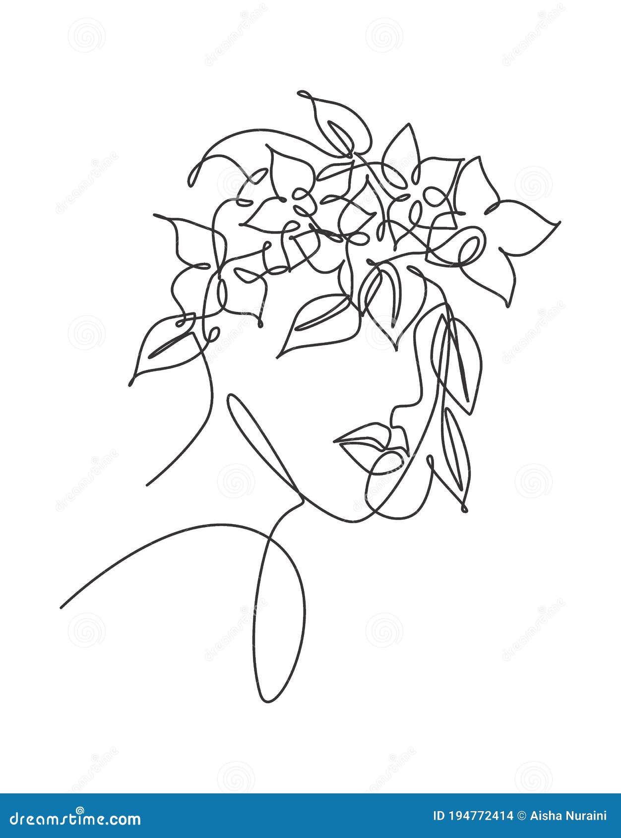 Single Continuous Line Drawing Pretty Woman Face With Flowers Nature