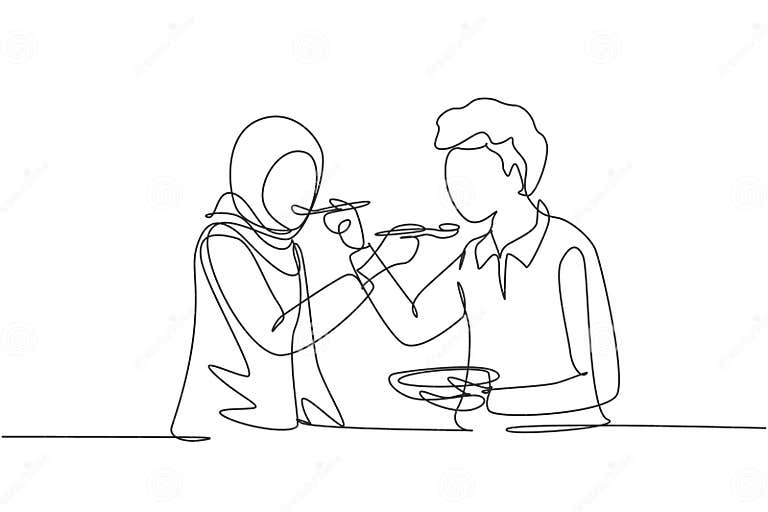 Single Continuous Line Drawing Romantic Arabic Couple Feeding Each