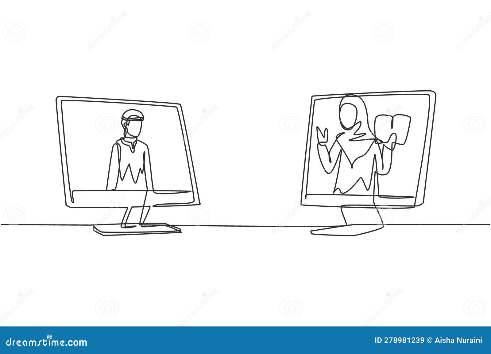 Single Continuous Line Drawing Two Monitors are Standing in Front of ...