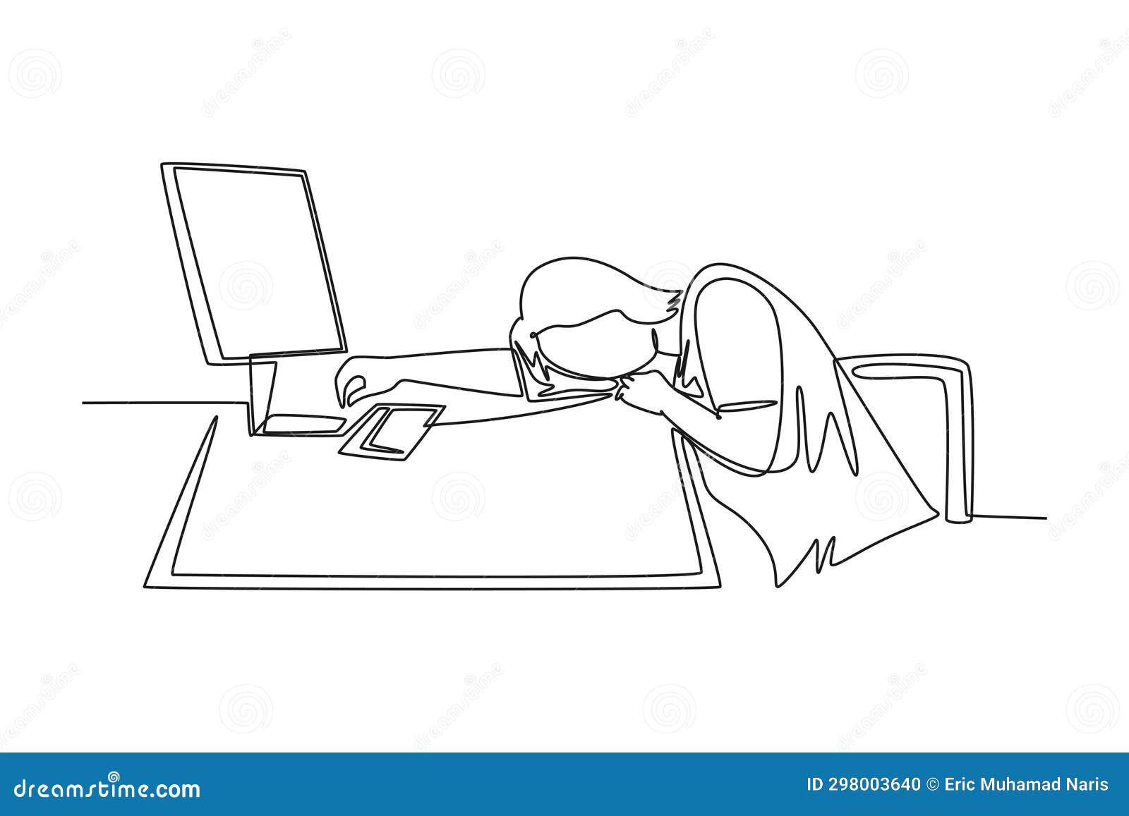 Single Continuous Line Drawing of Young Tired Female Employee Sleeping ...