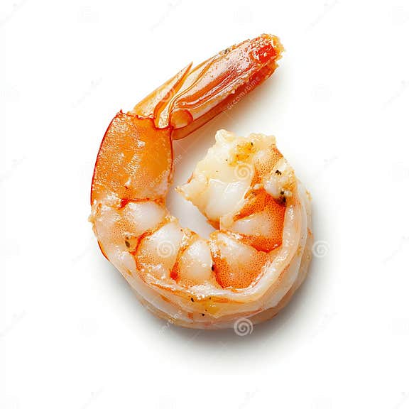 A Single Cooked Shrimp with Tail, Isolated on a White Background, Stock ...
