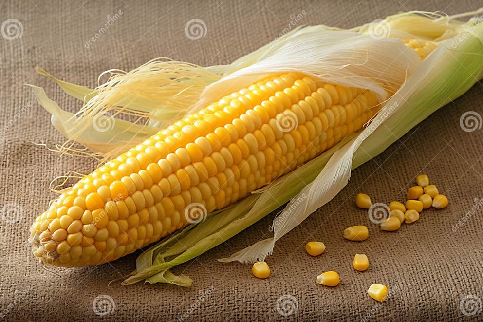 Single Corn Cob on Brown Sackcloth Background, Viewed from Side Stock ...