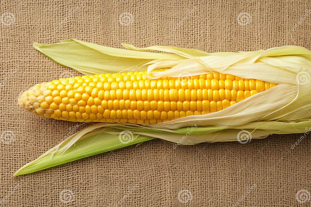 Single Corn Cob on Brown Sackcloth Background, Viewed from Side Stock ...