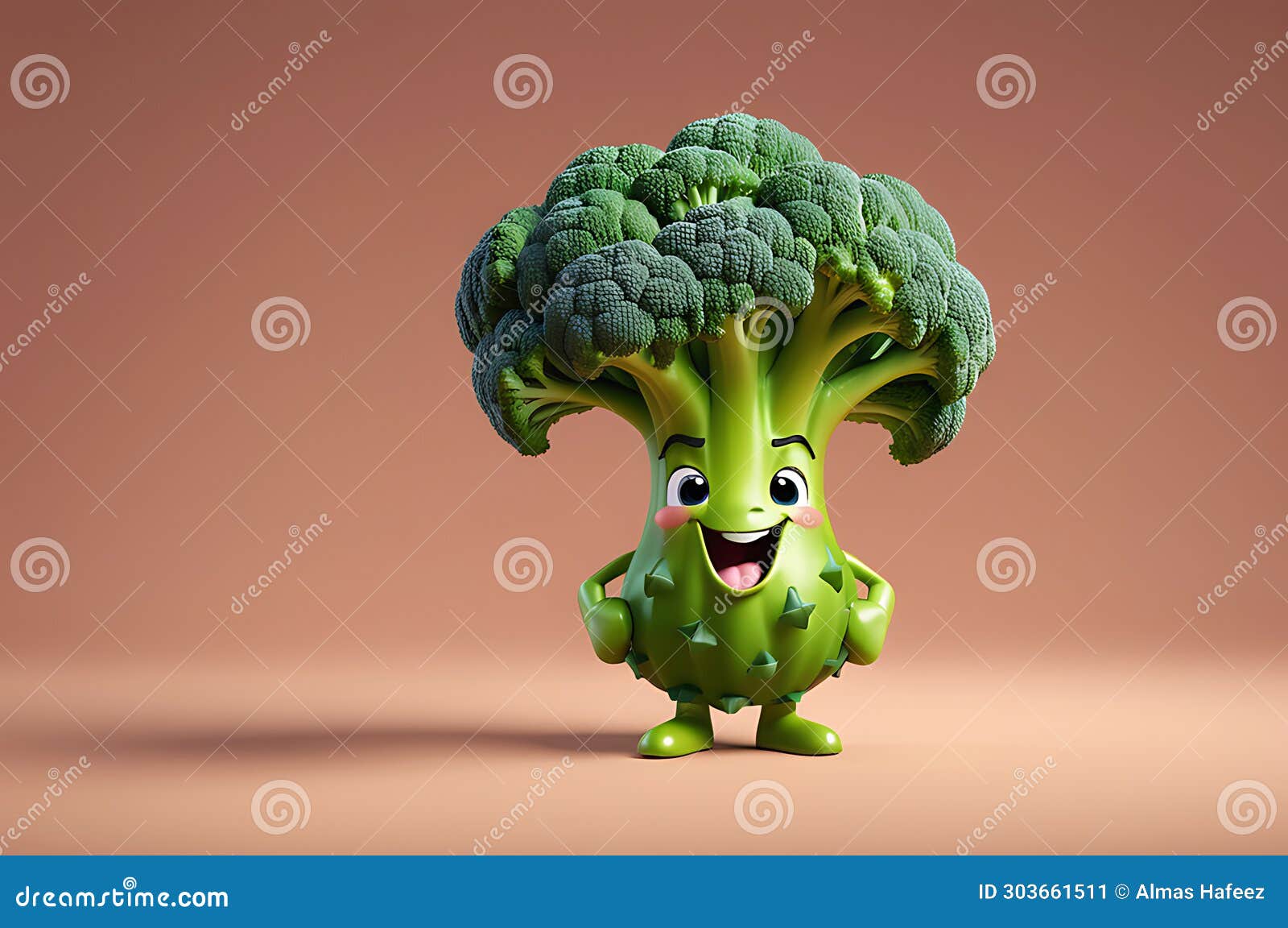A Single Cute Broccoli As a 3D Rendered Character Over Solid Color ...