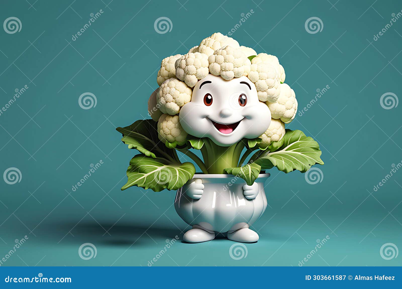 A Single Cute Cauliflower As a 3D Rendered Character Over Solid Color ...