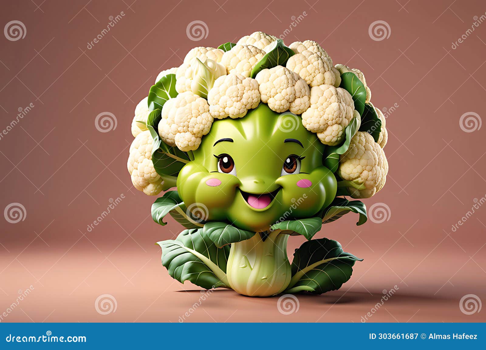 A Single Cute Cauliflower As a 3D Rendered Character Over Solid Color ...