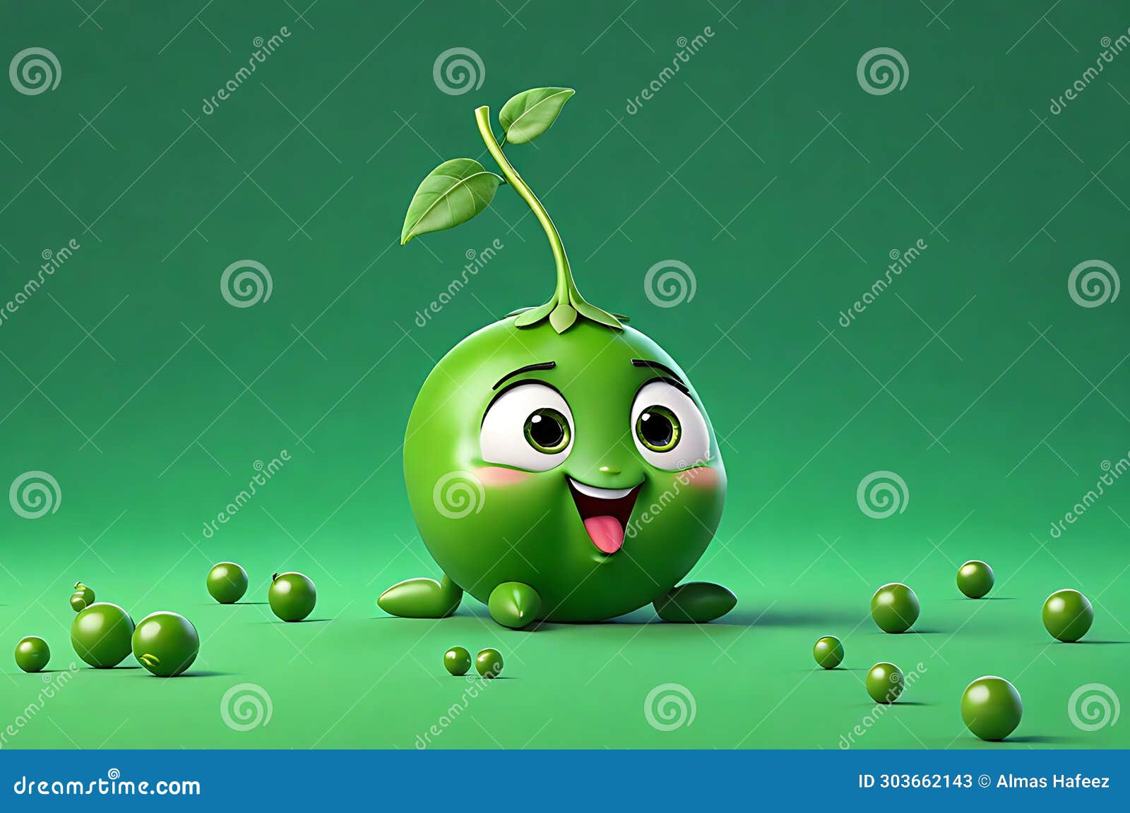A Single Cute Pea As a 3D Rendered Character Over Solid Color ...