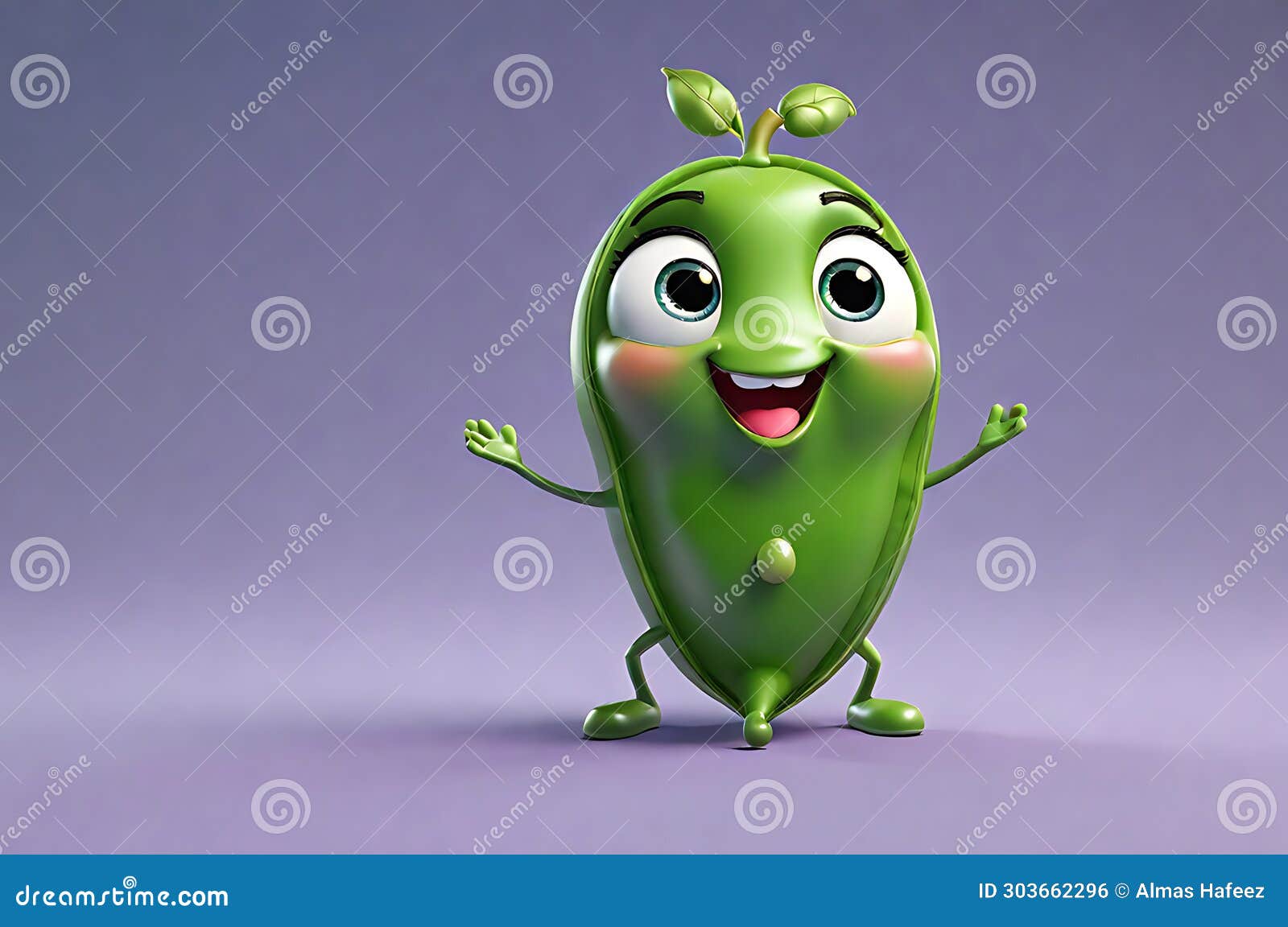 A Single Cute Pea As a 3D Rendered Character Over Solid Color ...
