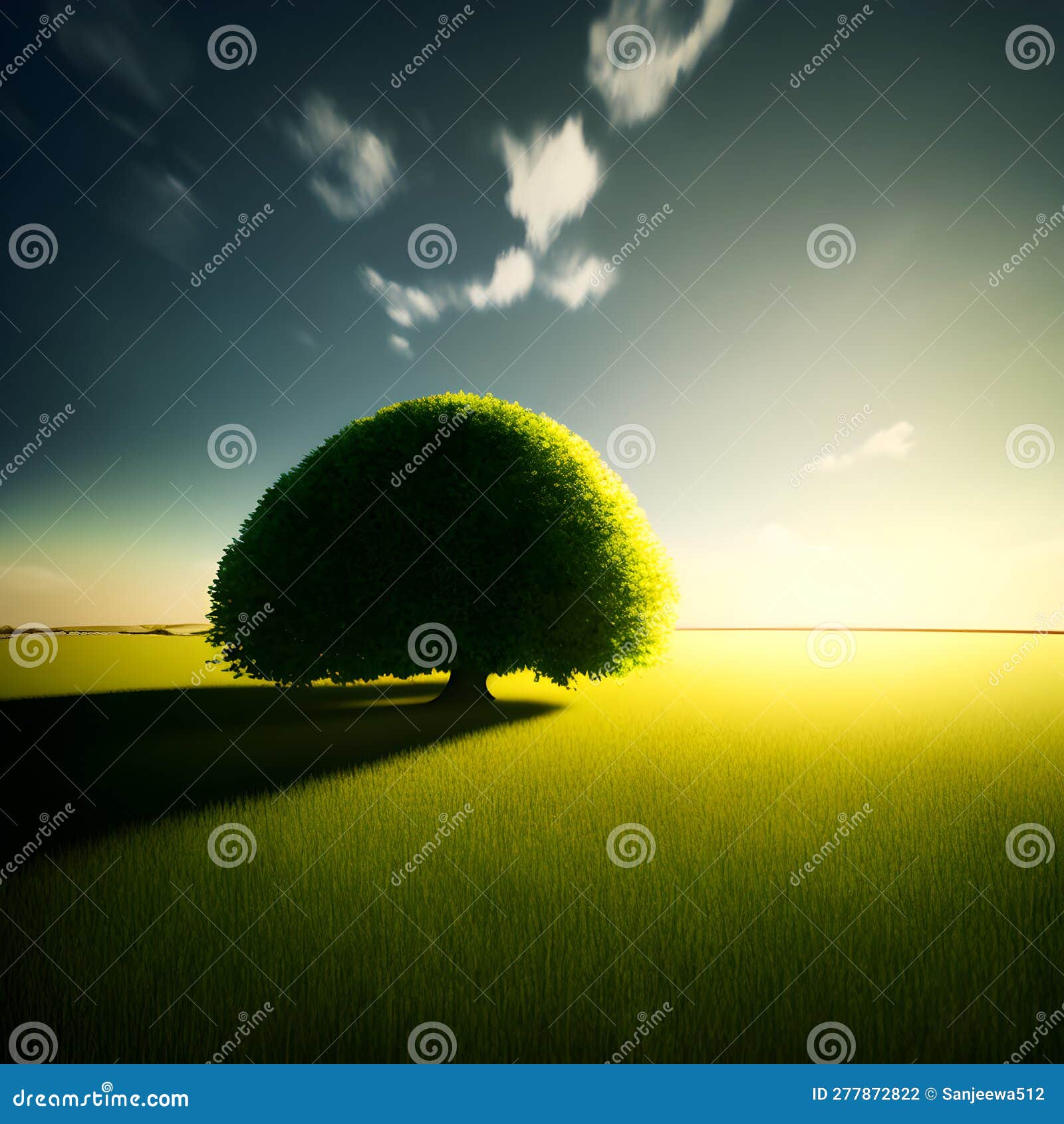 Single Cute Short Tree on Grass and Sunset Over Grass and Tree Stock ...