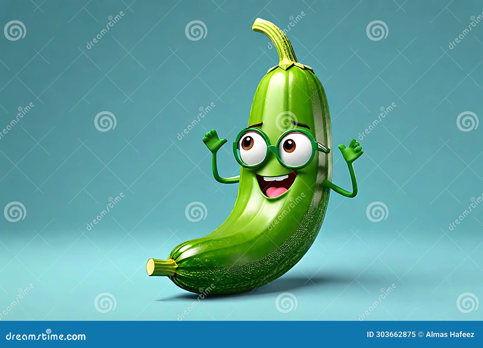 A Single Cute Zucchini As a 3D Rendered Character Over Solid Color ...