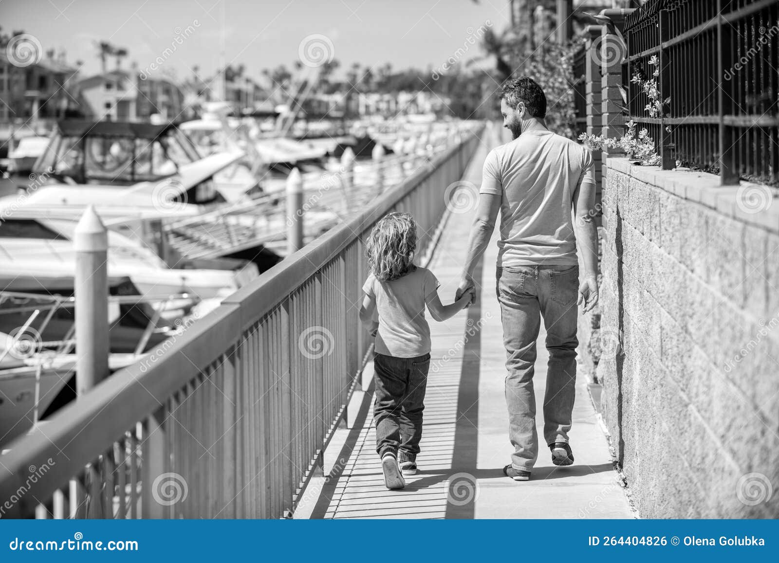Single Dad Leading Small Kid Outside Back View, Family Stock Photo ...