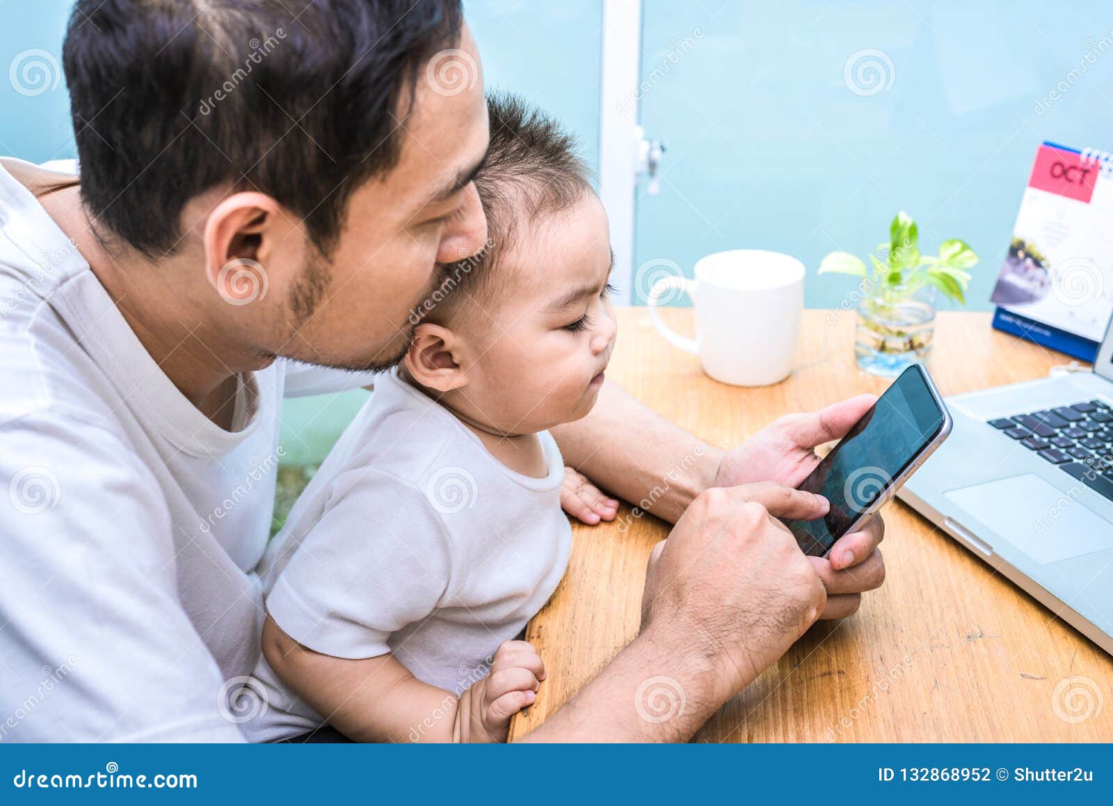 Single Dad and Son Using Laptop Together Happily. Technology and Stock ...