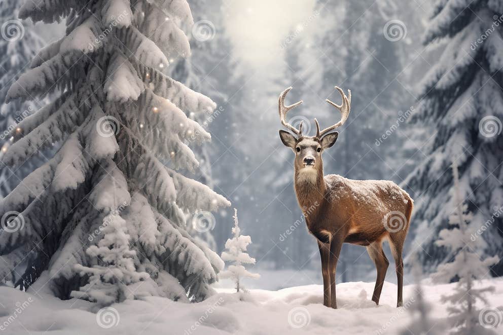 A Single Deer Standing by a Snow-covered Christmas Tree Stock Image ...
