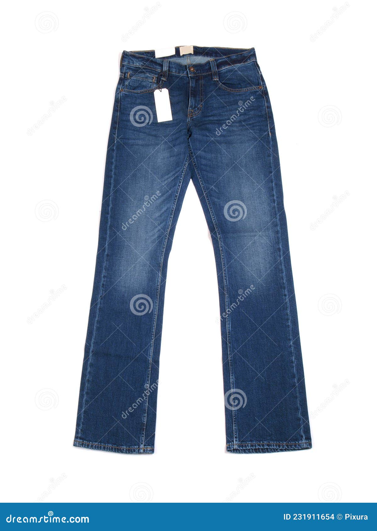 Single Denim Blue Jeans Front Side with Label Isolated on White ...