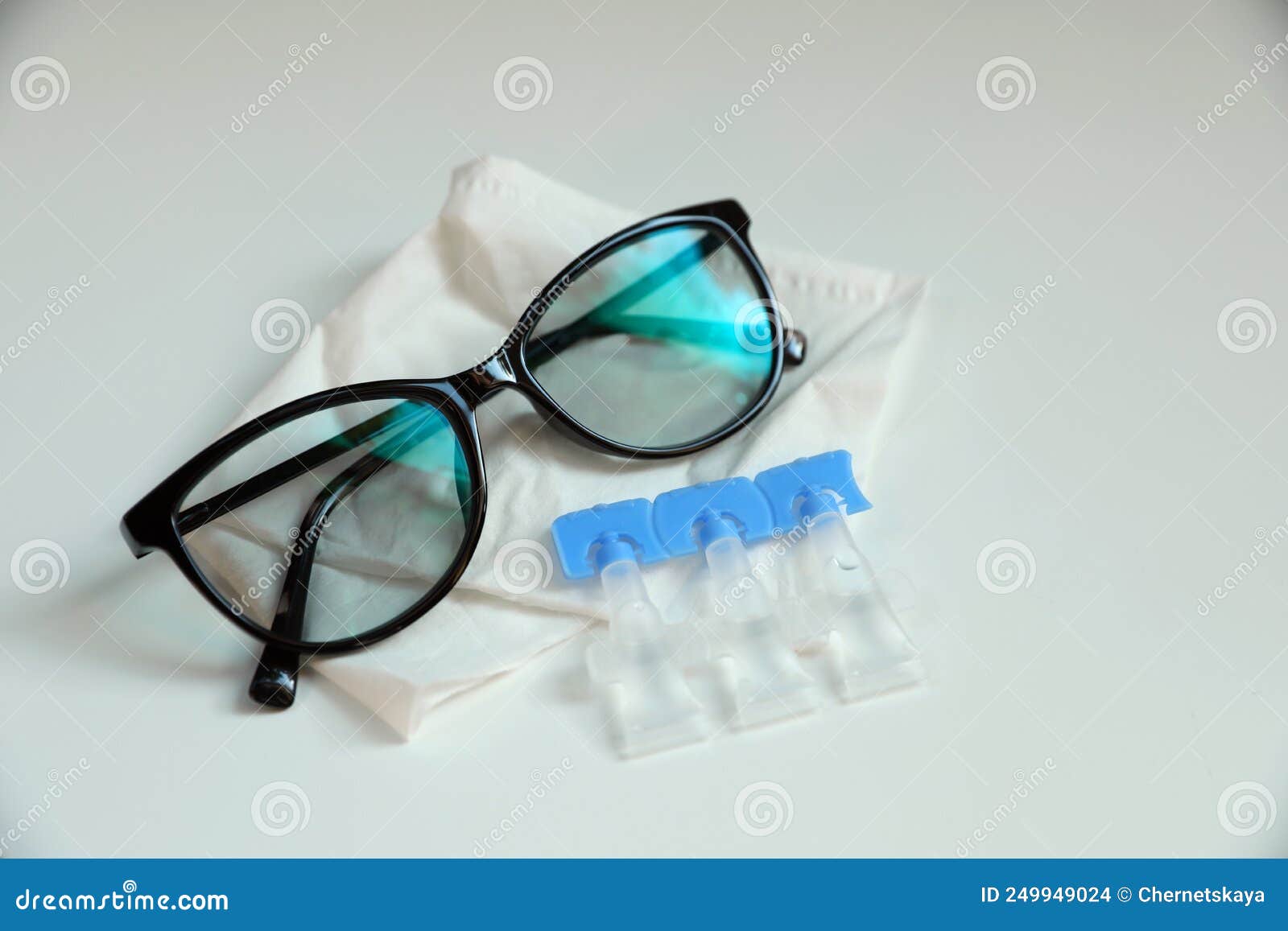 Single Dose Eye Drops, Glasses and Fabric on White Table Stock Photo ...