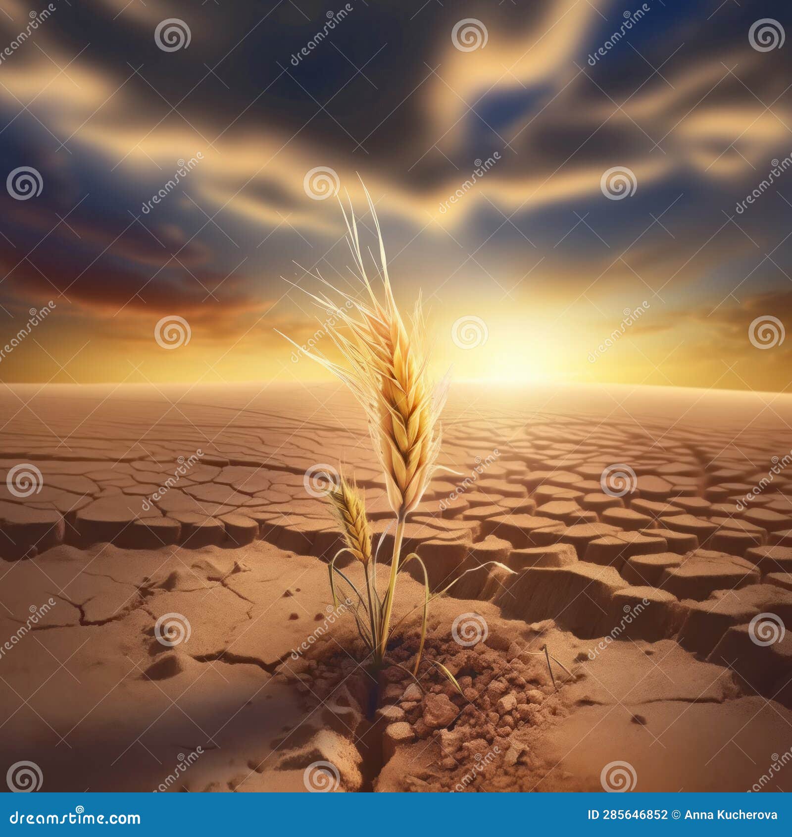 Single Dry Wheat Plant Left In A Drought-stricken Field Under Dramatic ...