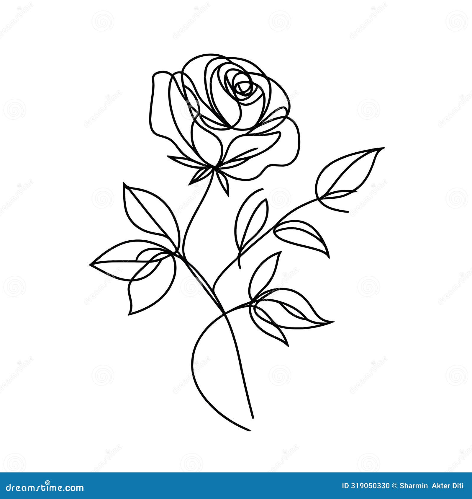 A Single, Elegant Rose with a Stem and Leaves, Depicted in a Continuous ...
