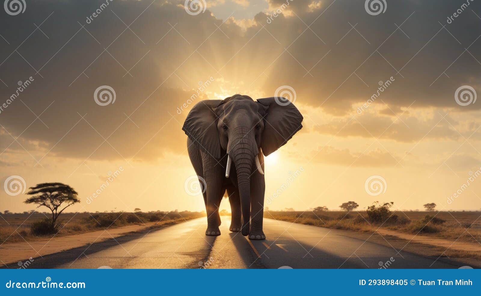 Single Elephant Walking in a Road with the Sun from Behind Stock Image ...