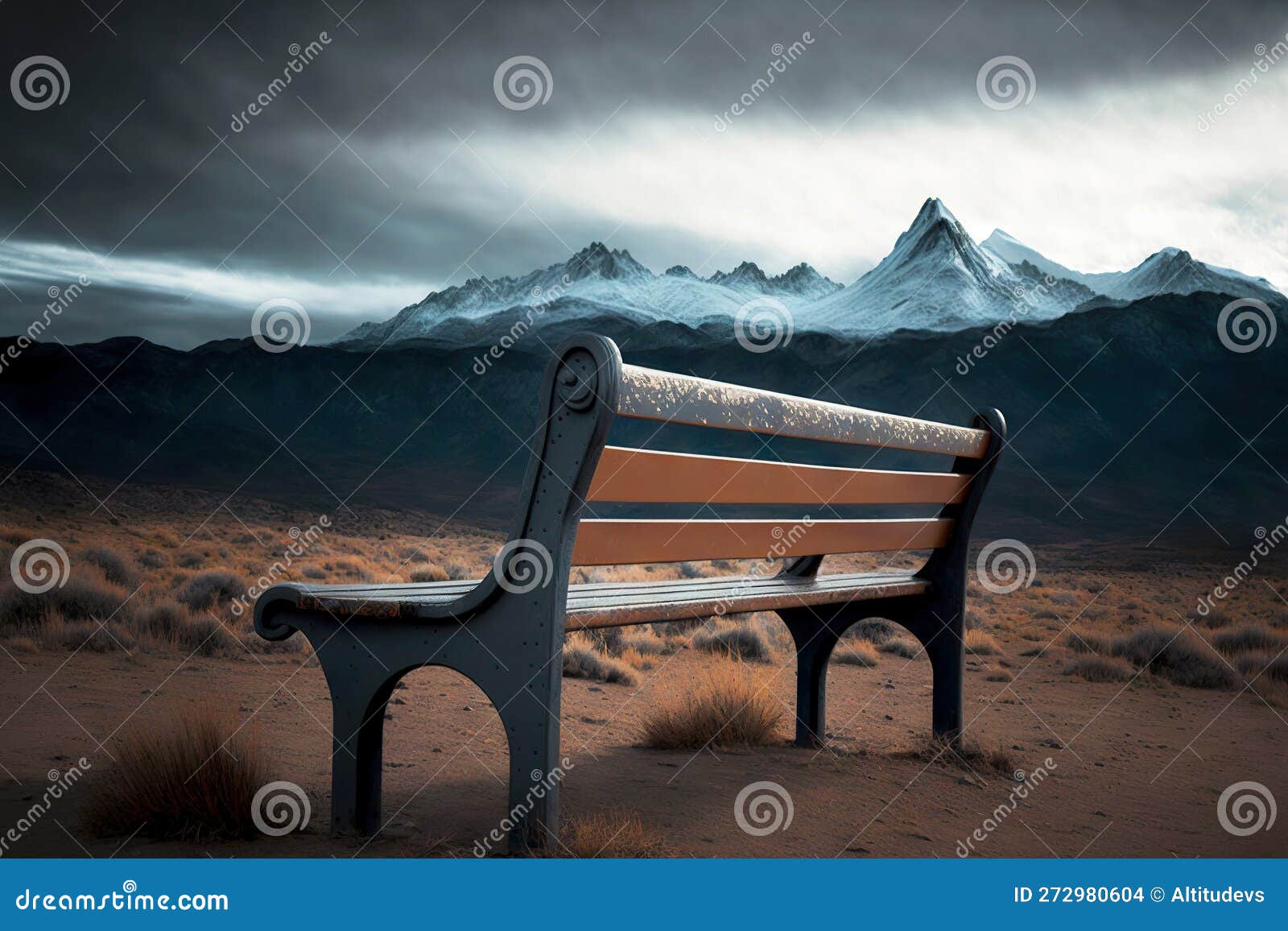 Single Empty Bench in Mountain Standing Opposite High Racing Peaks ...