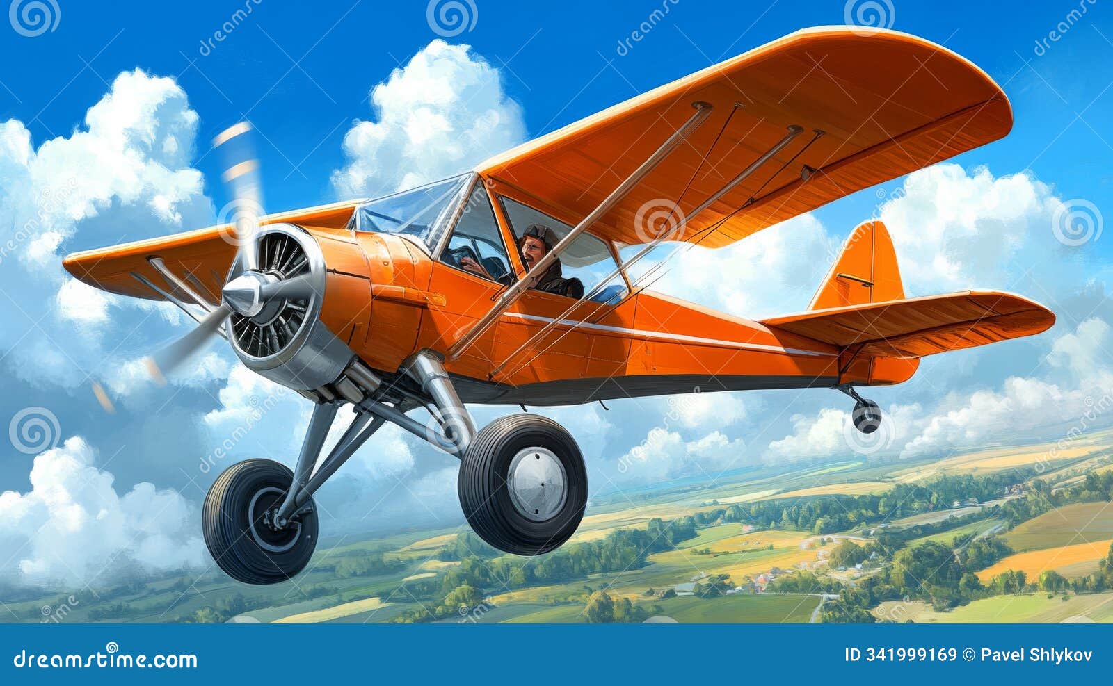 Single Engine Ultralight Prop Plane Flying in the Blue Sky with White ...