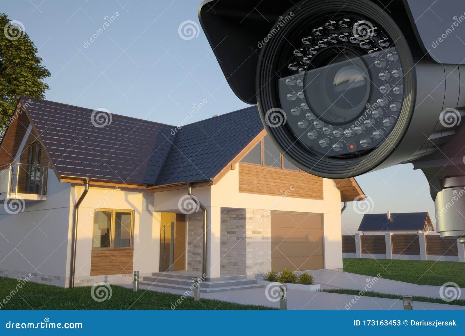 Security Camera and House in Evening, 3D Illustration Stock ...