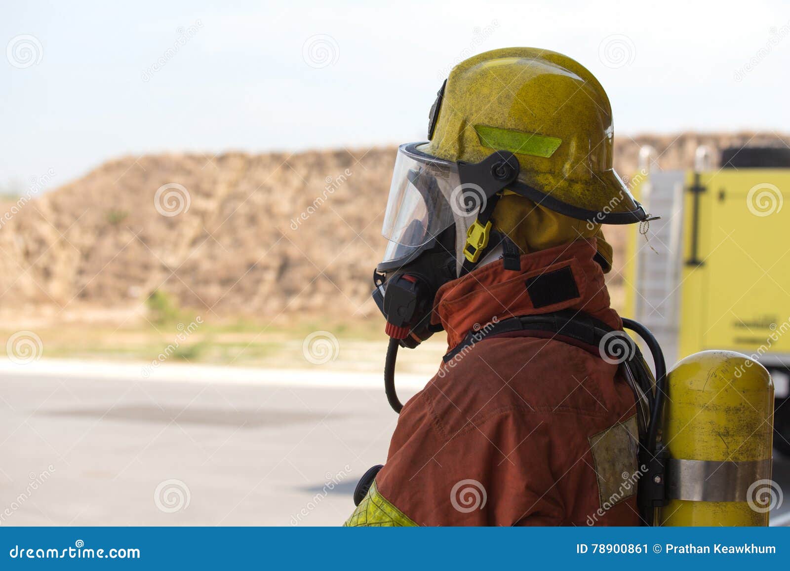 Single Fireman in Fire Fighting Protection Suit Stock Image - Image of ...