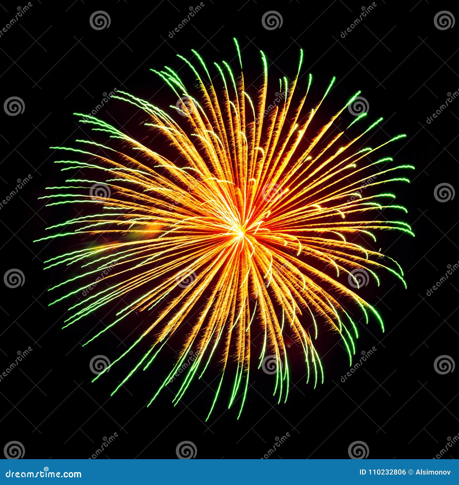 Single Exploding Golden Color Firework Isolated on Black Background ...