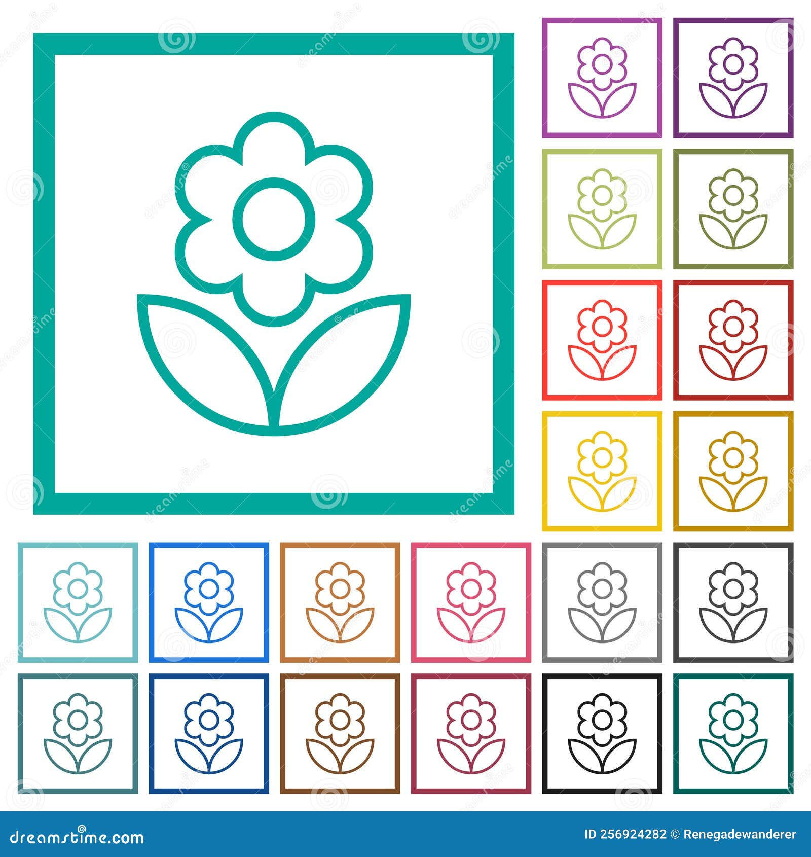 Single Flower Outline Flat Color Icons with Quadrant Frames Stock ...