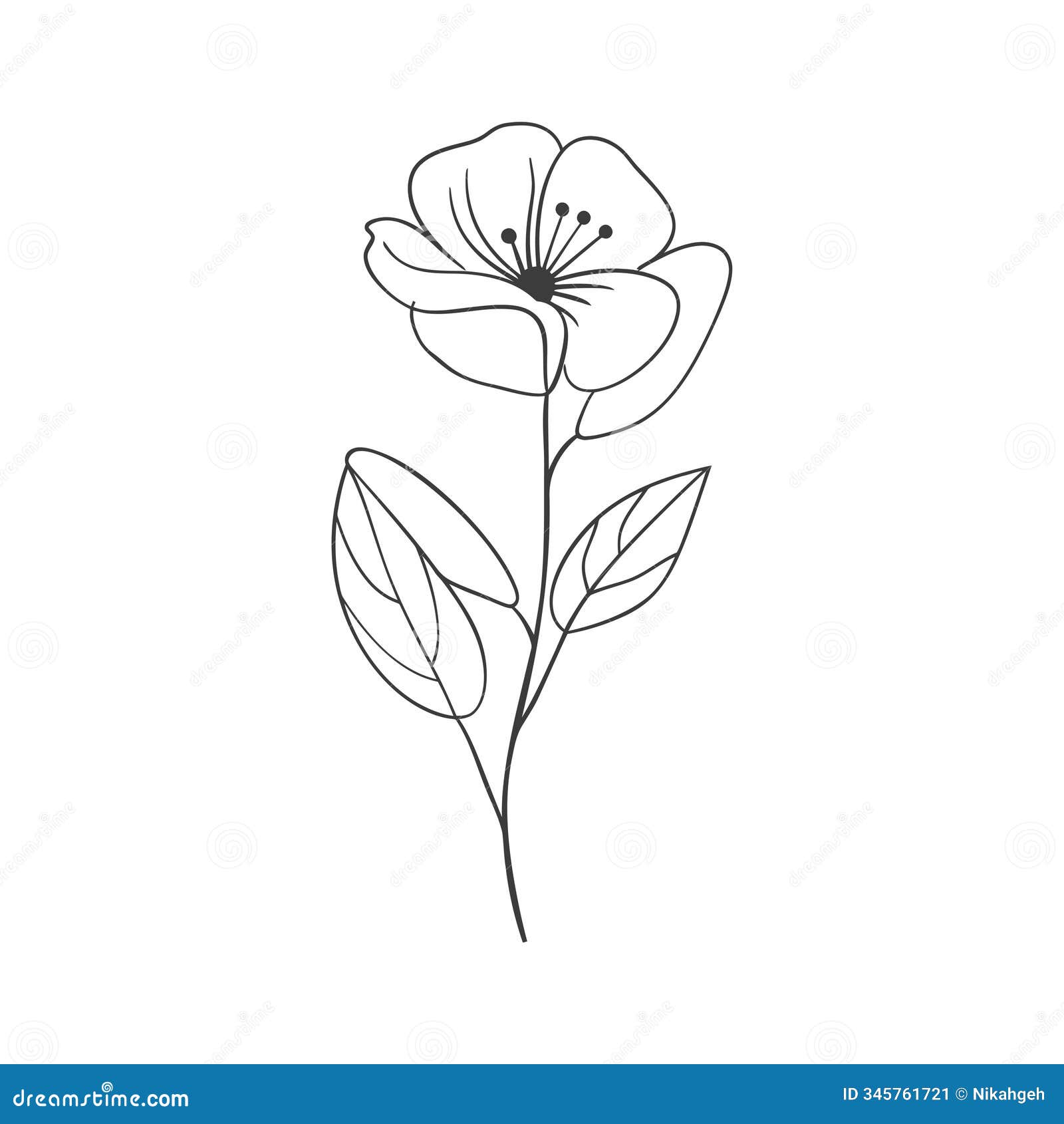 Single Flower with Two Leaves in Line Art Style Stock Vector ...
