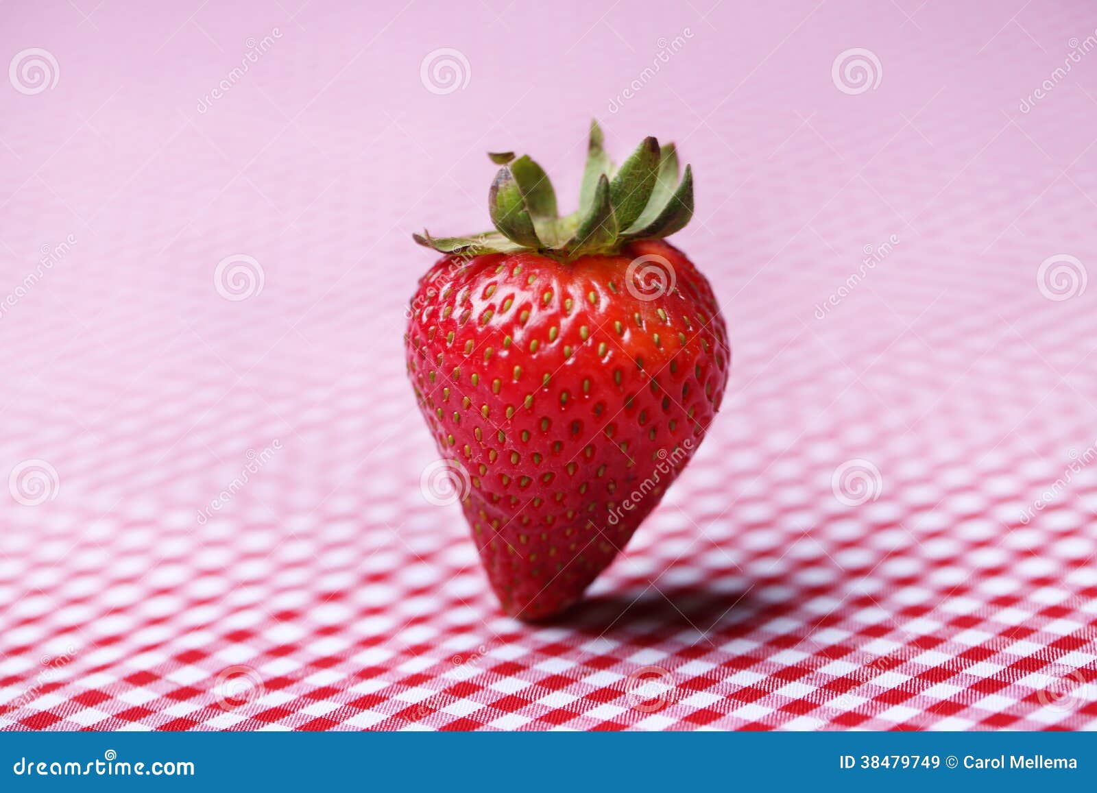 Single Fresh Strawberry Standing Up on Red Gingham Tablecloth Stock ...
