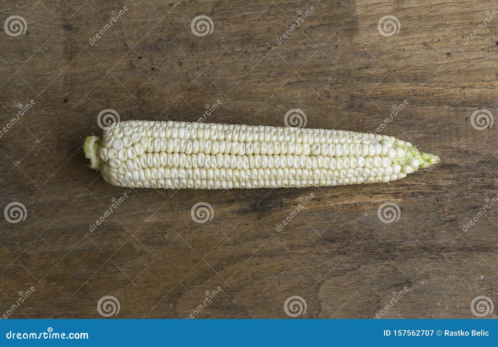 Single Fresh and White Corn on Wooden Background Stock Image - Image of ...
