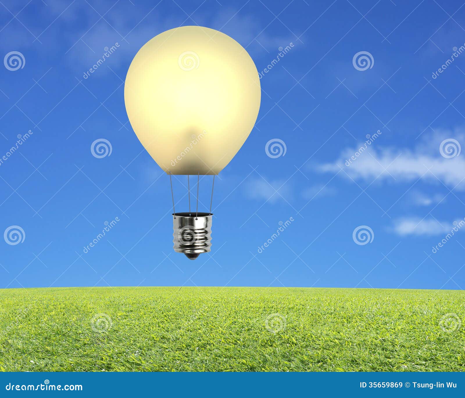 Single Glowing Lamp Balloon Flying Over Green Meadow with Sky Stock ...