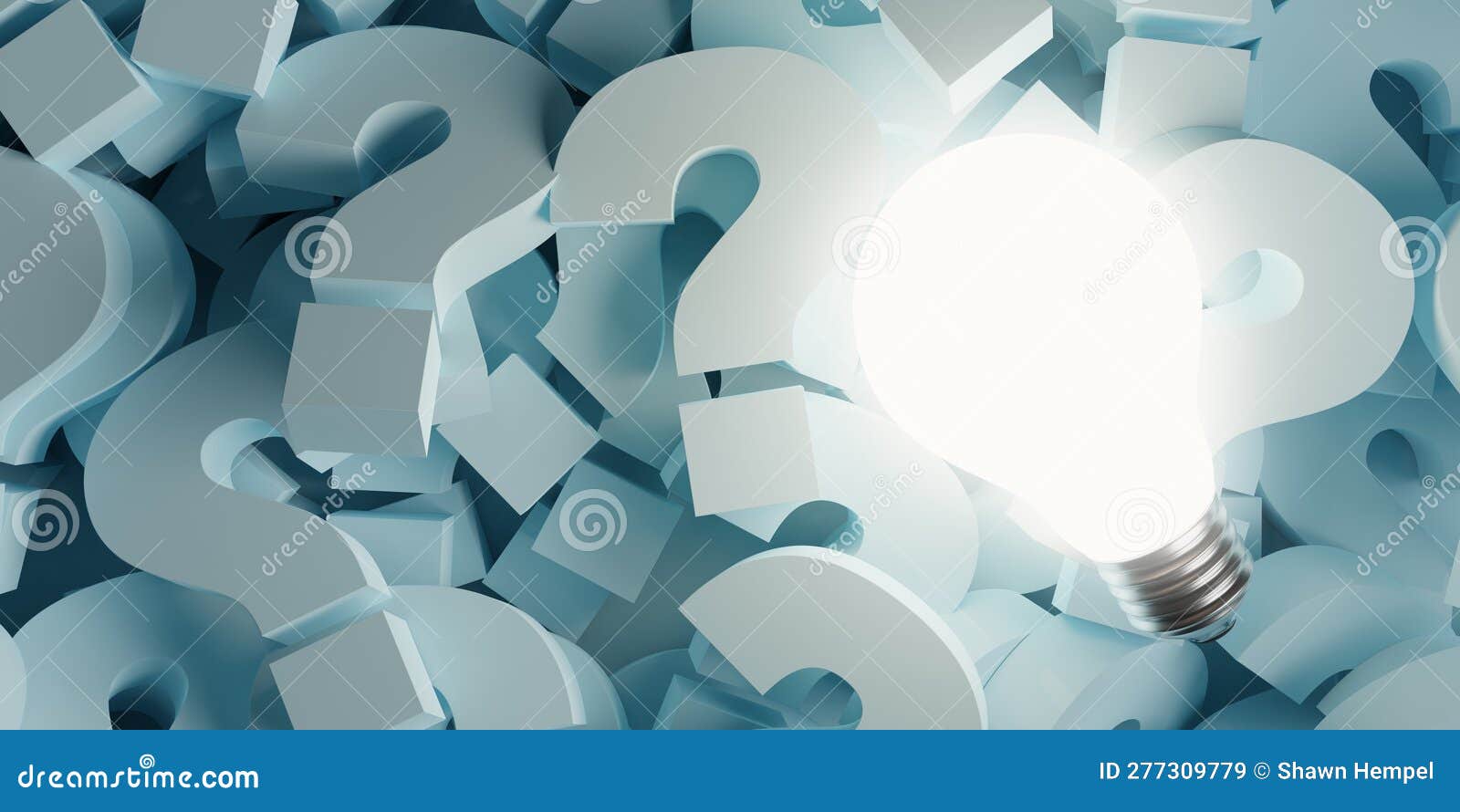Single Glowing Light Bulb on Heap of Question Marks, Solution, Answer ...
