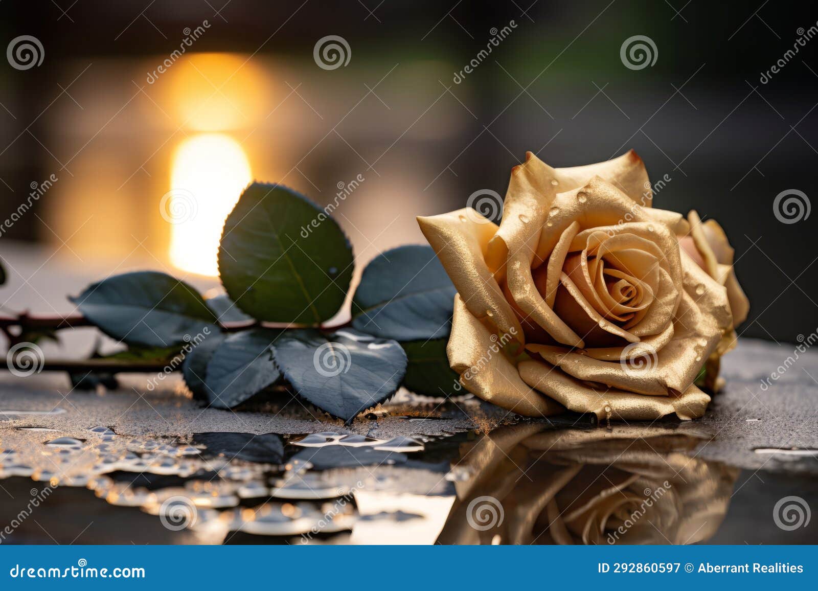 A Single Golden Rose Laying on a Wet Surface Stock Illustration ...