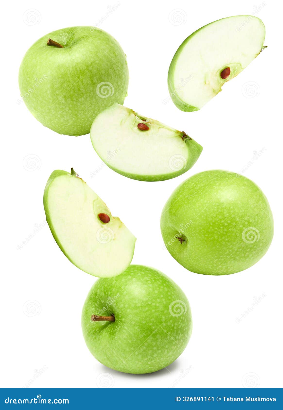 Flying Green Apples with Slices Isolated on a White Background ...