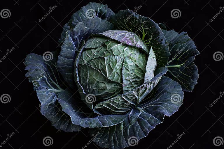 Single Green Cabbage Resting on Black Background Stock Illustration ...