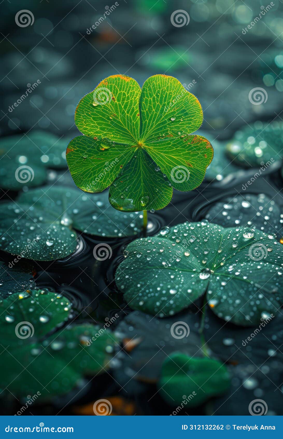 Single Green Four Leaf Clover and Water Droplets on Pond Stock Photo ...