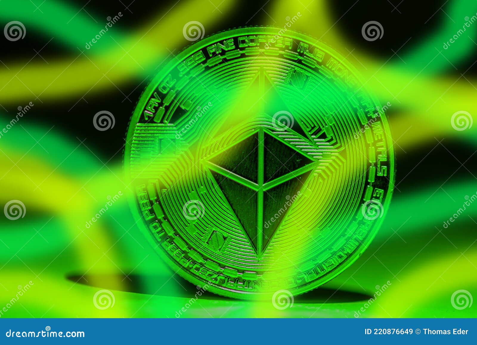 Single Green Shining Ether Coin from Ethereum with Green and Yellow ...
