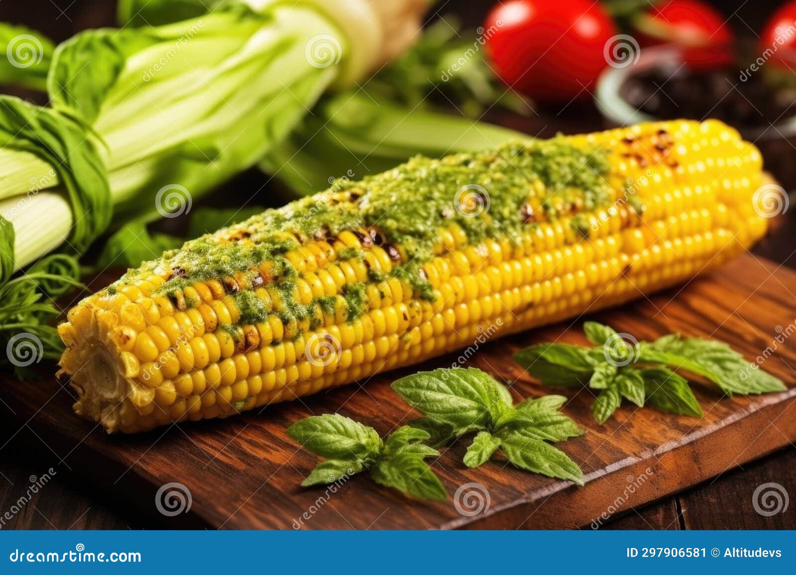 Single Grilled Corn on the Cob Placed Alongside Herbs Stock Image ...