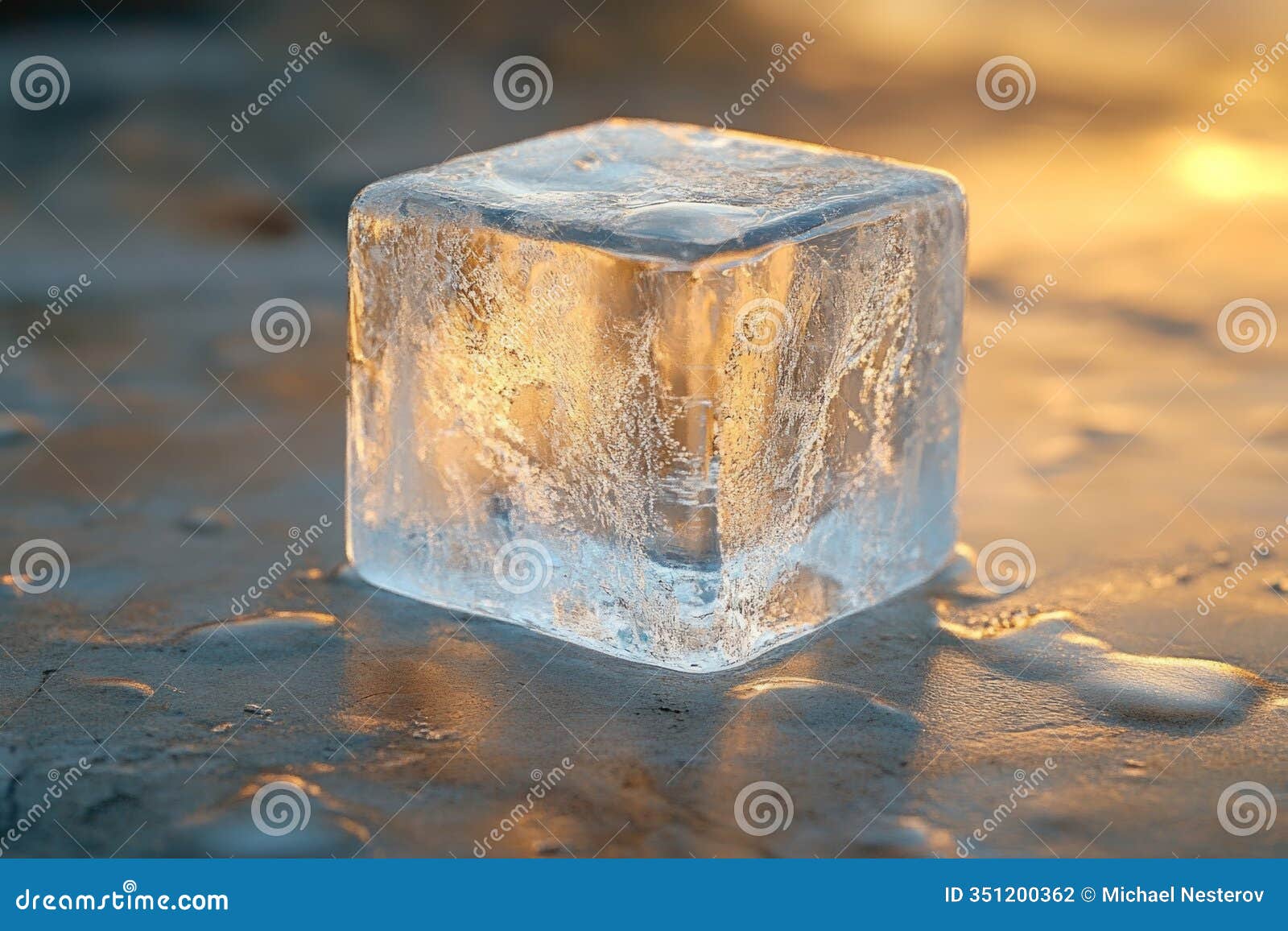 Single Ice Cube Melting on Concrete Surface Under Sunlight, Creating ...