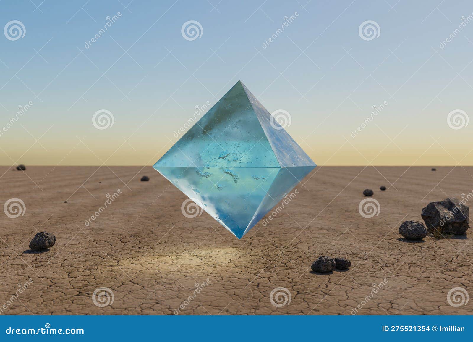 Single Ice Prism Pyramid Cube Hovering in the Air in Large Empty Desert ...