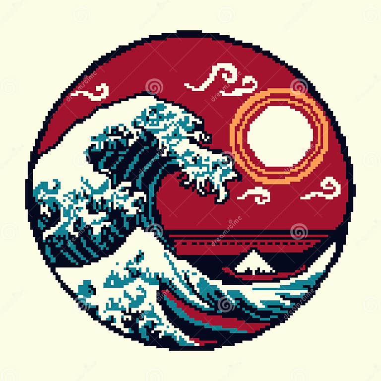 Pixelated the Great Wave with Sunset Illustration Vector Stock ...