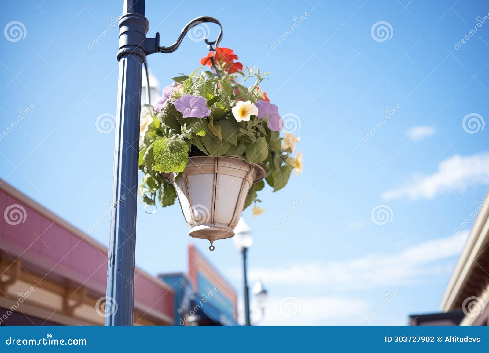 Single Lamp Post with a Hanging Flower Basket Stock Photo - Image of ...