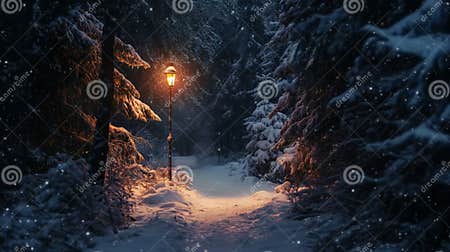 A Single Lamp Post Illuminates a Snowy Forest Path Stock Illustration ...