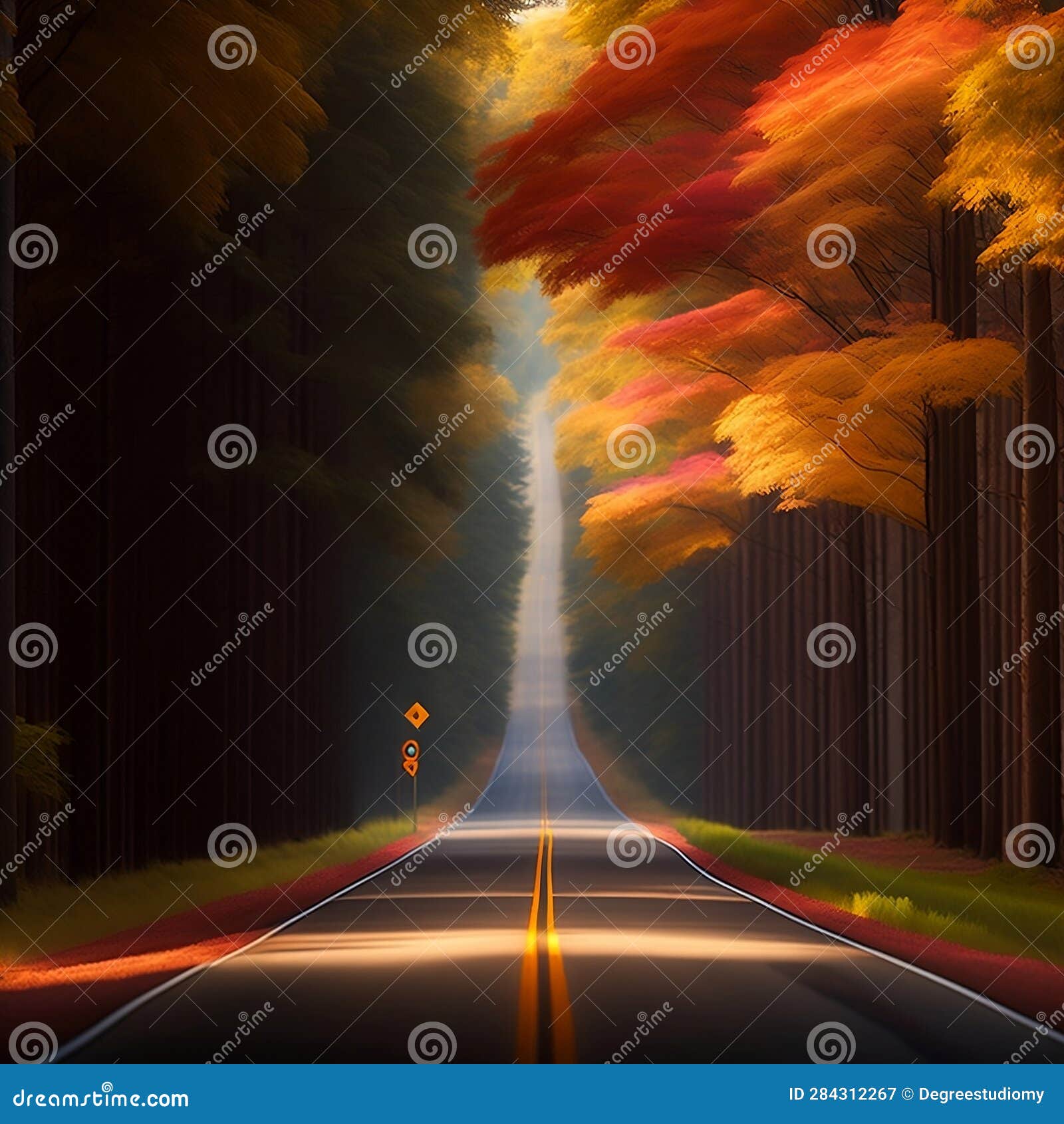 Single Lane Road with Autumn Trees Lining on Each Side. Fall Season ...